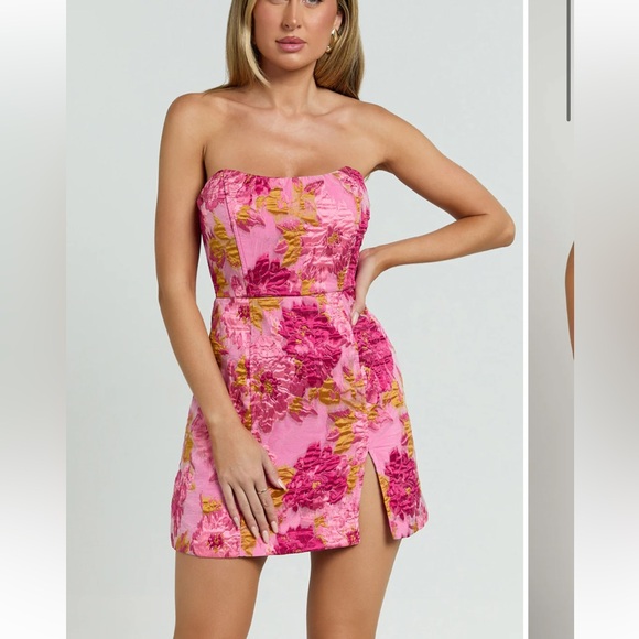 Showpo. | Dresses | Brailey Mini Dressstrapless Dress In Pink Jacquard ...